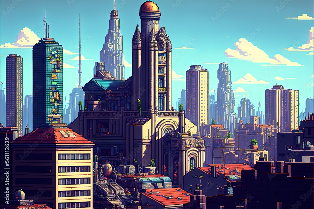 Pixel art city landscape with with buildings, houses, streets, trees ...