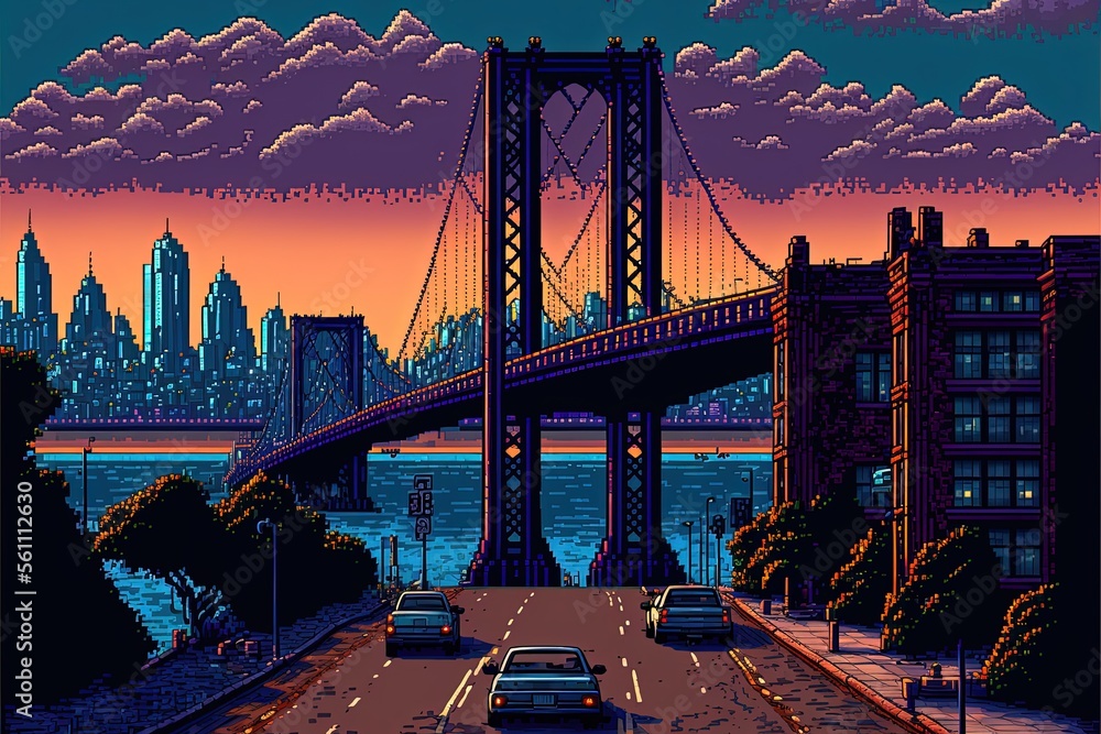 Pixel art city landscape with buildings, bridge, sea, and trees ...