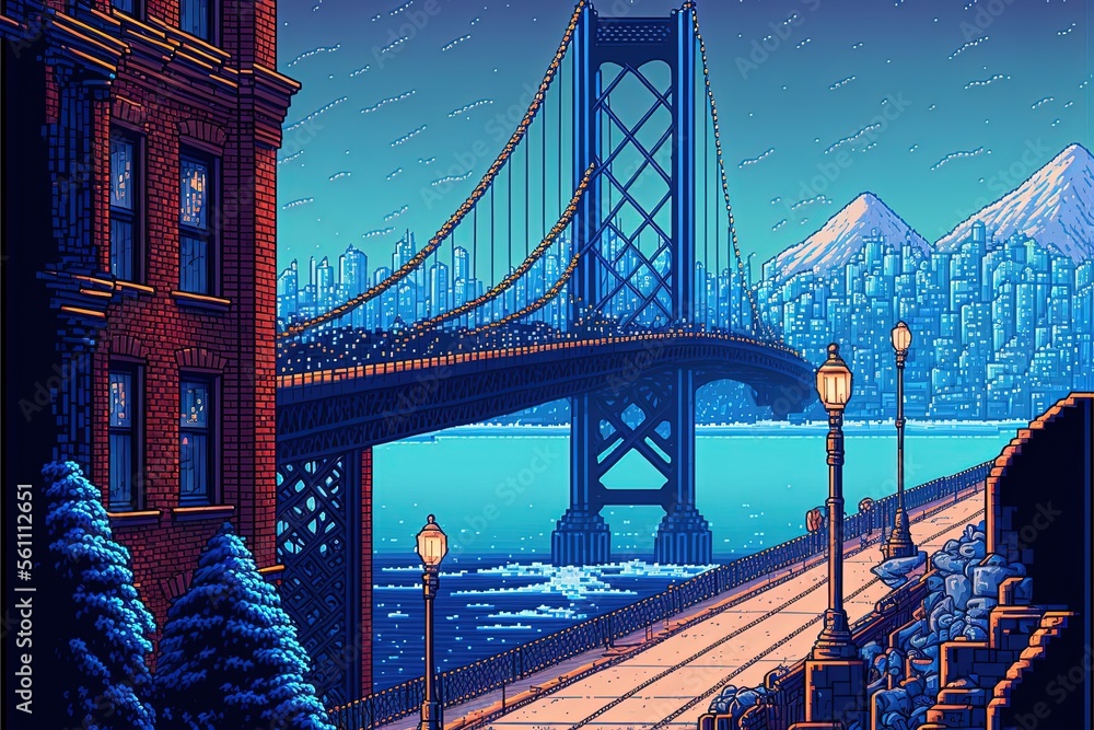 Pixel art city landscape with buildings, bridge, sea, trees and ...
