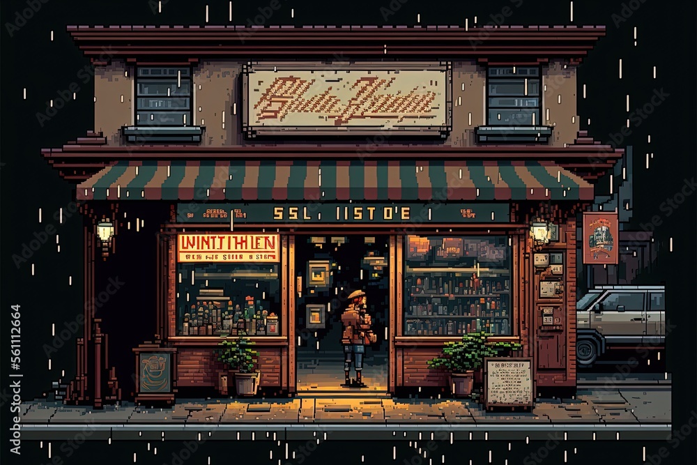 Pixel art coffee shop front scene on rainy day, background in retro and ...