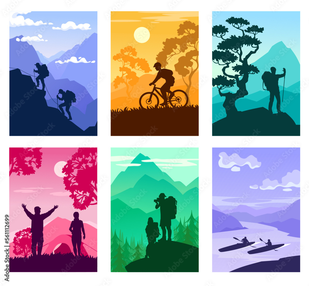 Set of abstract travel posters with people silhouettes. Tourism banner ...