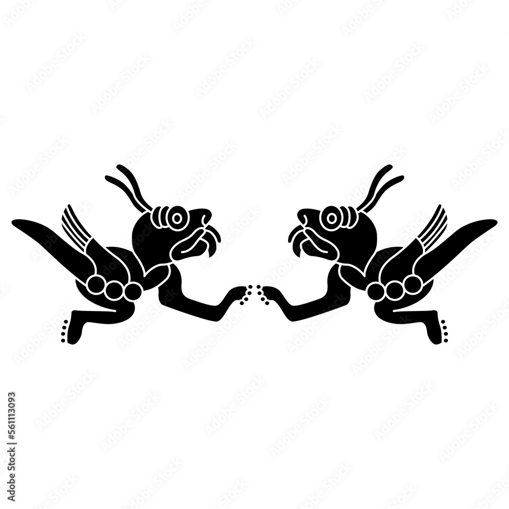 Symmetrical design with two flying monster locusts. Native American art ...