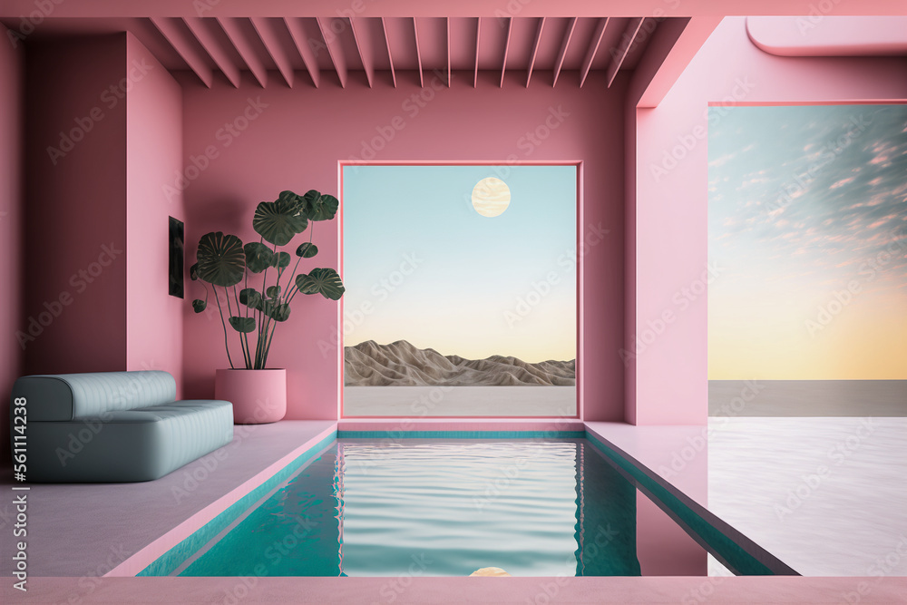 pool in modern pink room with view to a landscape, ai midjourney ...