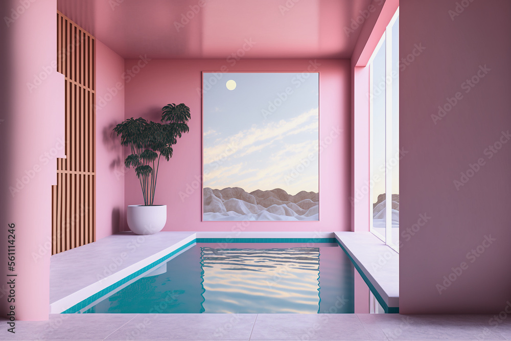 pool in modern pink room with view to a landscape, ai midjourney ...