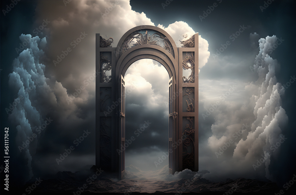 Wooden gate in dim clouds in an empty room. Portal to another world ...