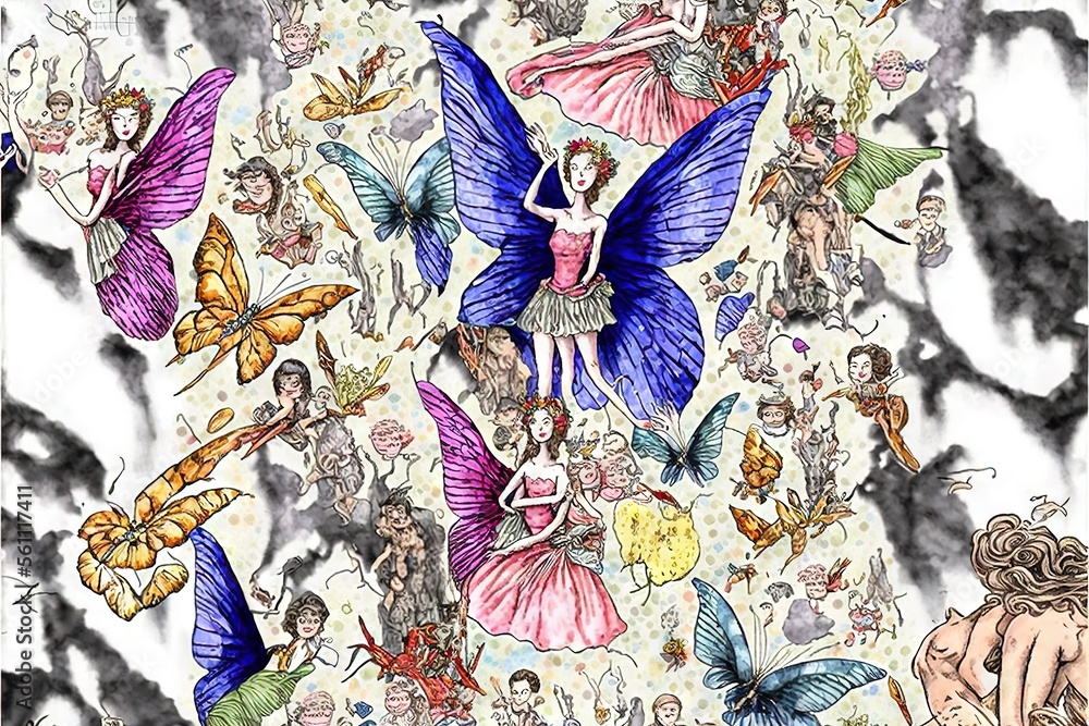 a drawing of a woman surrounded by many different colored butterflies ...