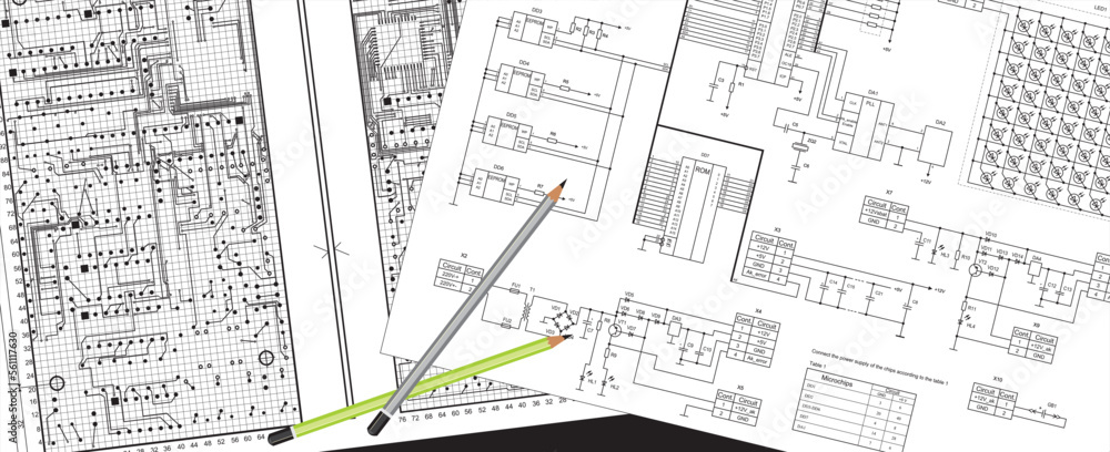 Schematic background. Drawings of an electronic device on white paper ...