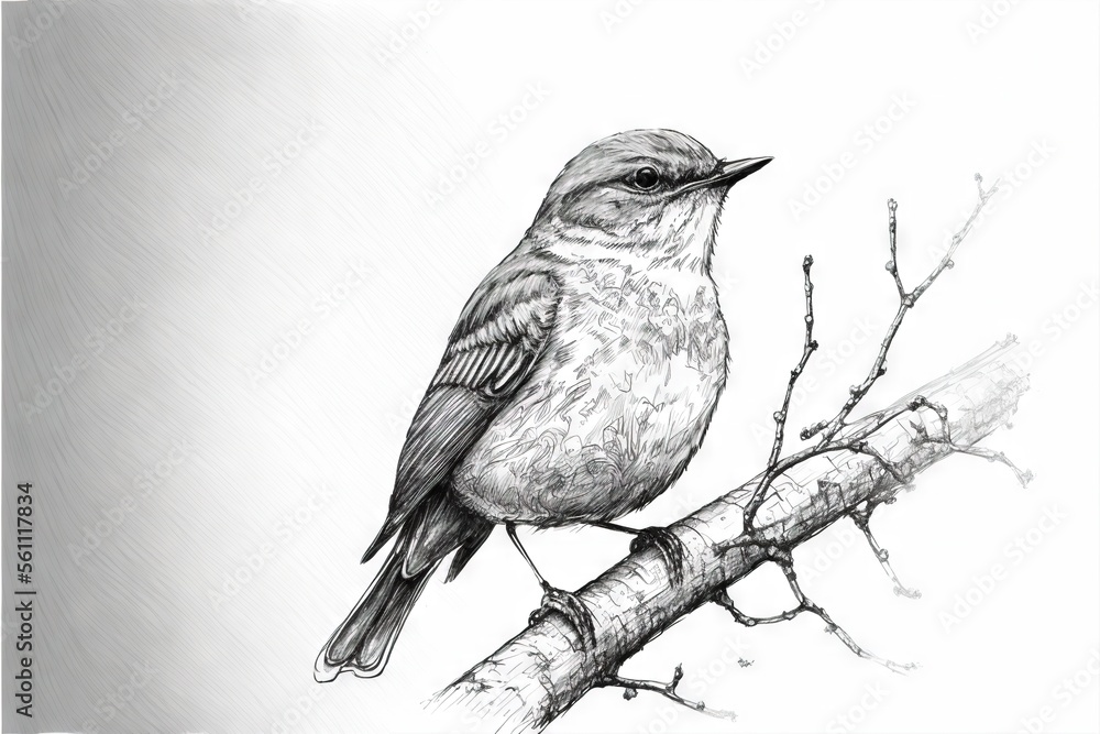a bird sitting on a branch of a tree in a pencil drawing style, on a ...
