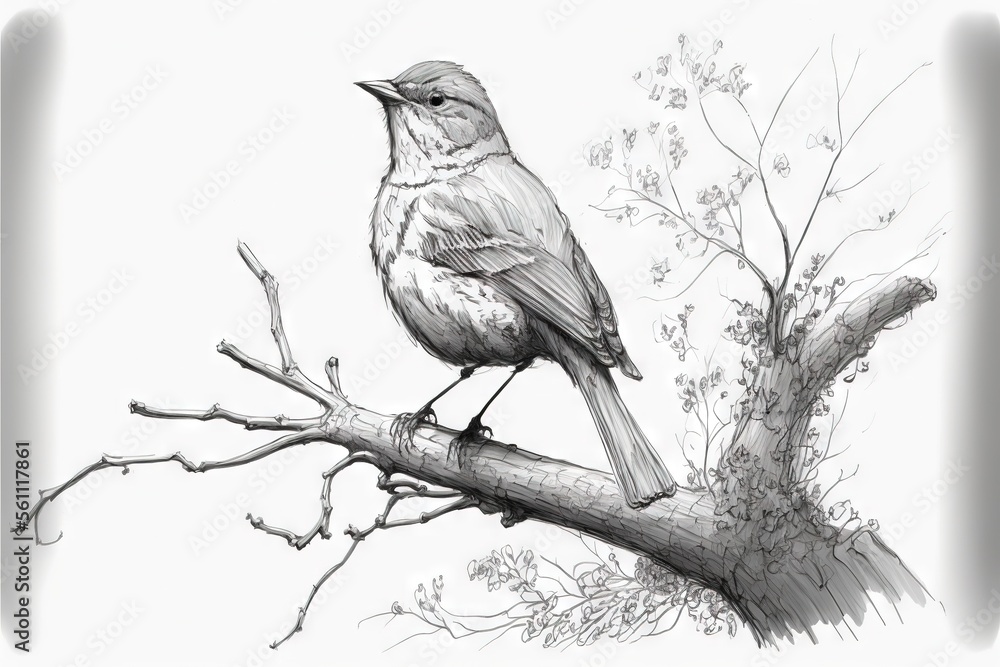 a bird sitting on a branch of a tree in a drawing style, with a white ...
