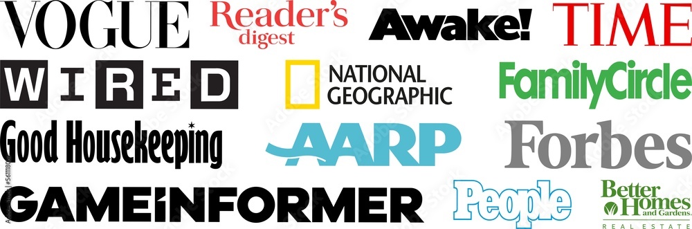 Logo of the most famous magazines. Vogue, People, Game Informer, Forbes ...