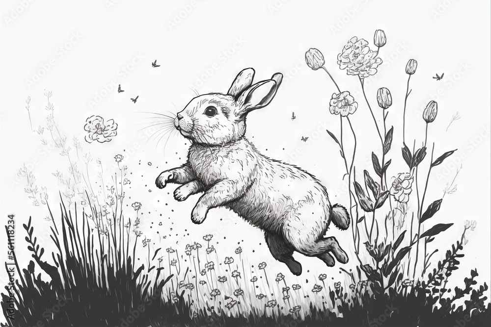 a drawing of a rabbit jumping in the air over a field of flowers and ...