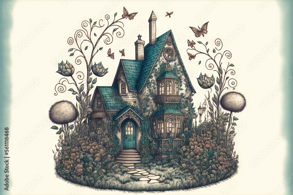 a drawing of a house with a blue roof and a green door and windows and ...