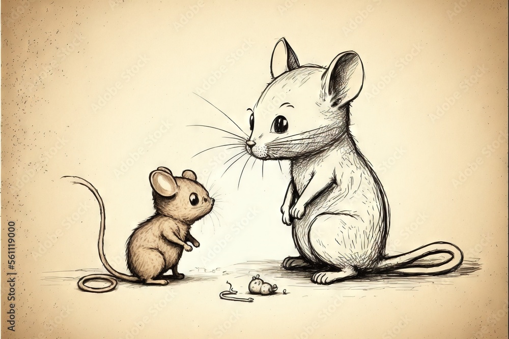 a drawing of a mouse and a rat looking at each other with a light brown ...