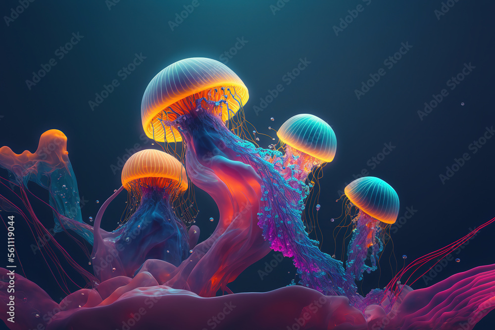 multiple jellyfish in ocean, ocean animals, art illustration Stock ...