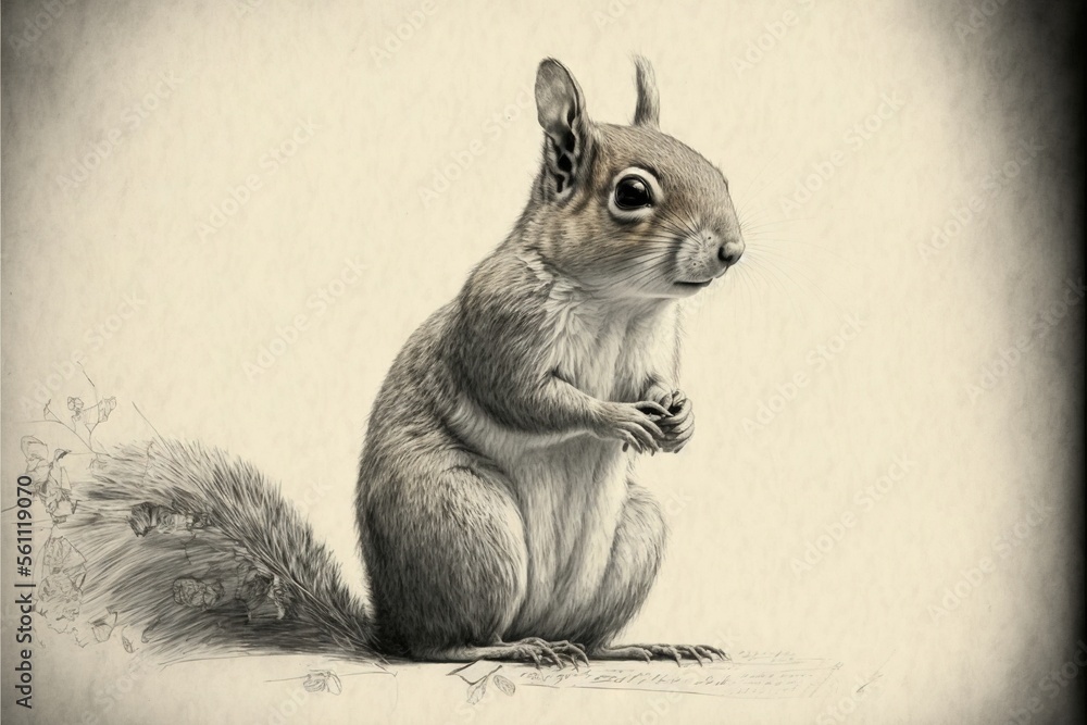 a drawing of a squirrel sitting on its hind legs and looking up at the ...