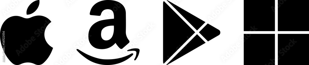 Set of popular store icons. Apple, Amazon, Play store and Microsoft ...