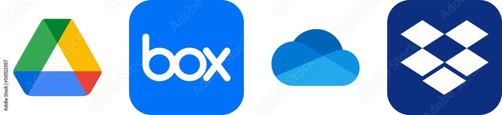 Set of cloud storage services. Google Drive, OneDrive, Dropbox, Box ...