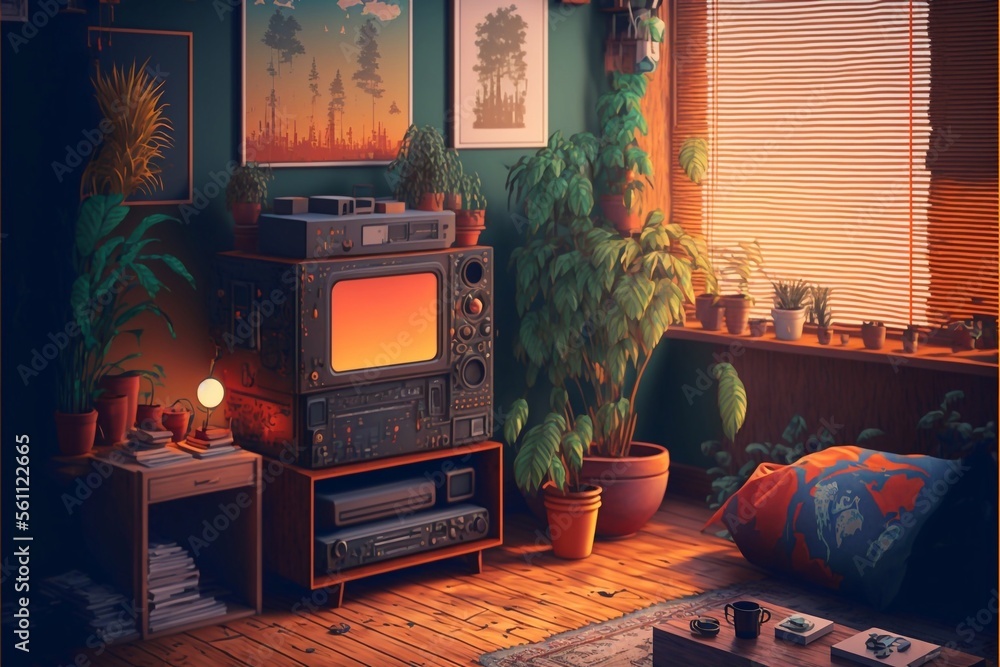 ภาพประกอบสต็อก Lofi living room, beautiful chill, atmospheric wallpaper ...