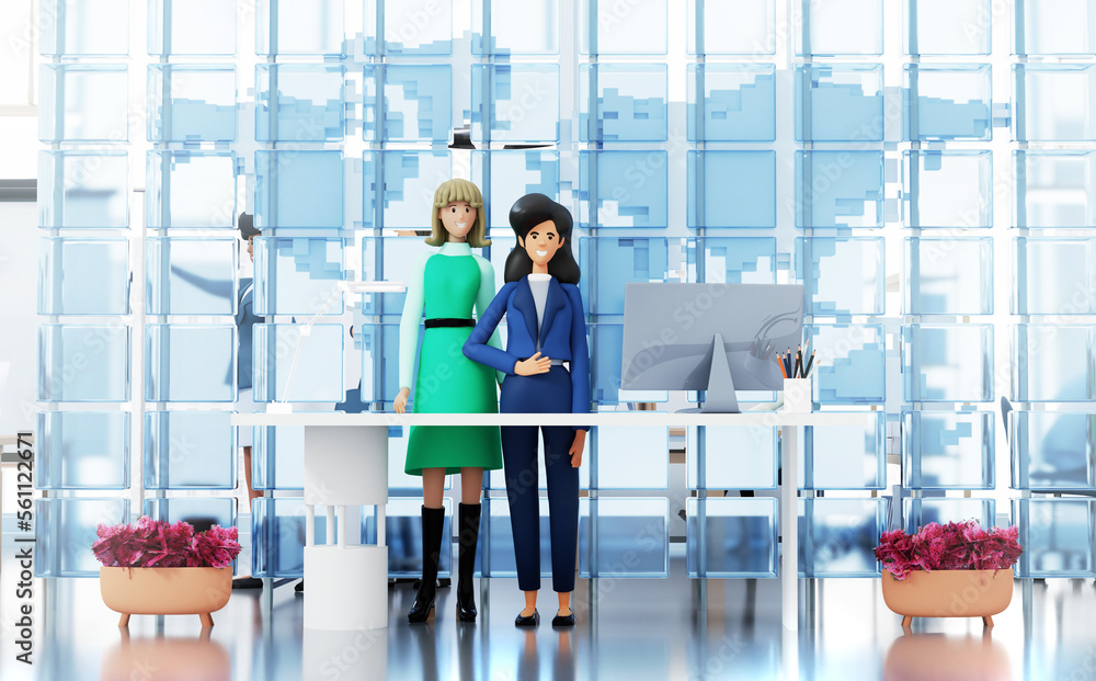 Big modern office interior with reception desk and two pretty ...