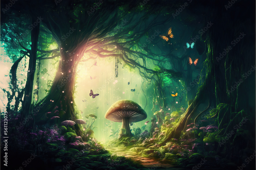 A beautiful fairy tale enchanted forest with big trees, tropical ...