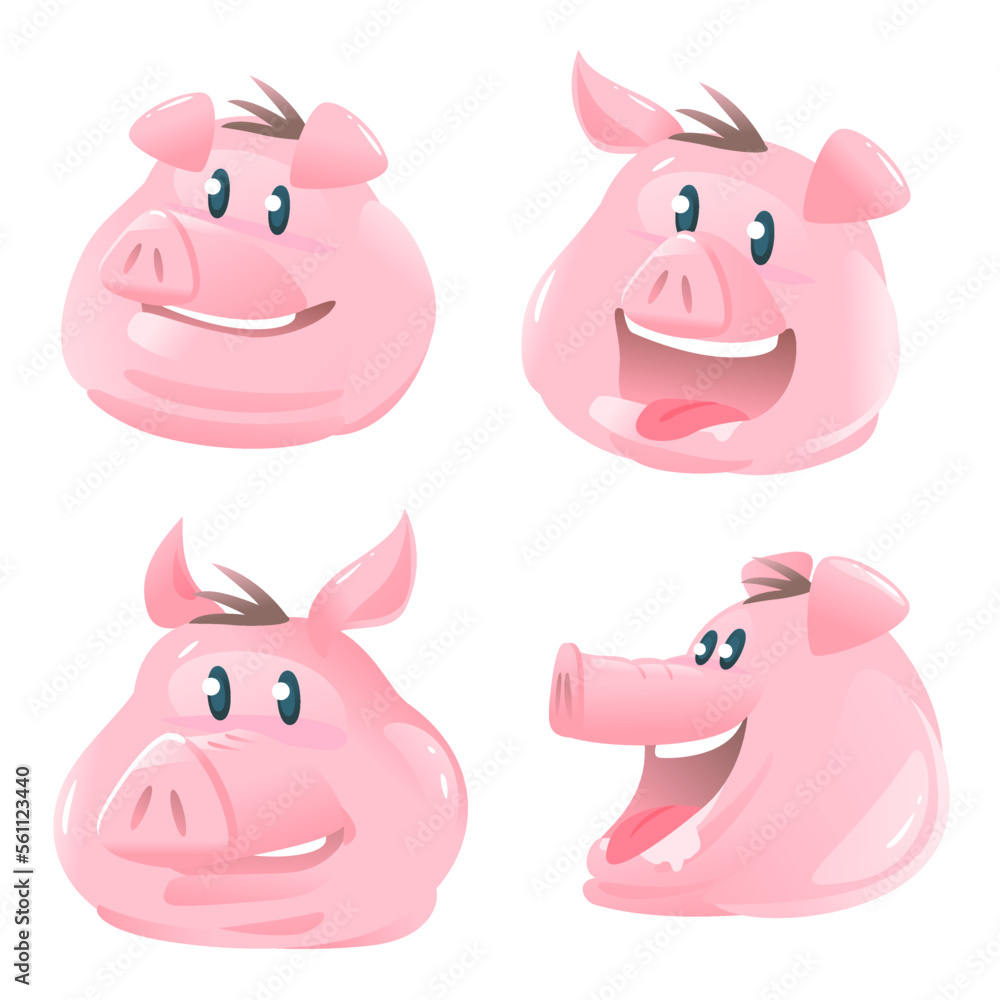 Set of four pig heads in different angles and emotions, isolated on ...