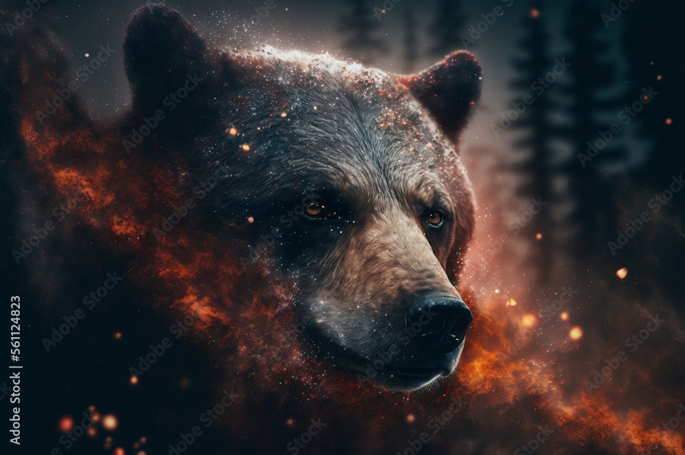 Burning forest due to drought and bonfire from people. Face grizzly ...