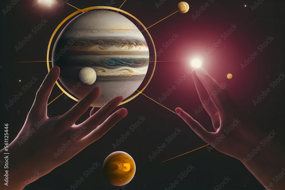 Human hands juggle the planets Saturn and Jupiter. Creator of the ...