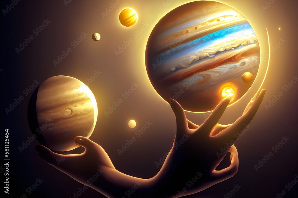 Human hands juggle the planets Saturn and Jupiter. Creator of the ...