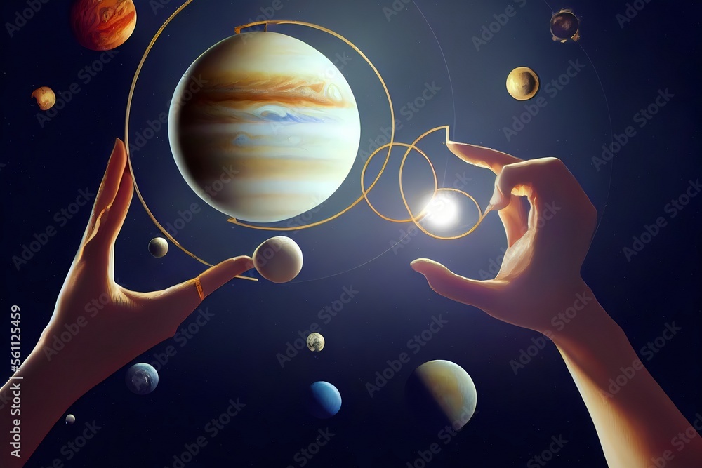 Human hands juggle the planets Saturn and Jupiter. Creator of the ...