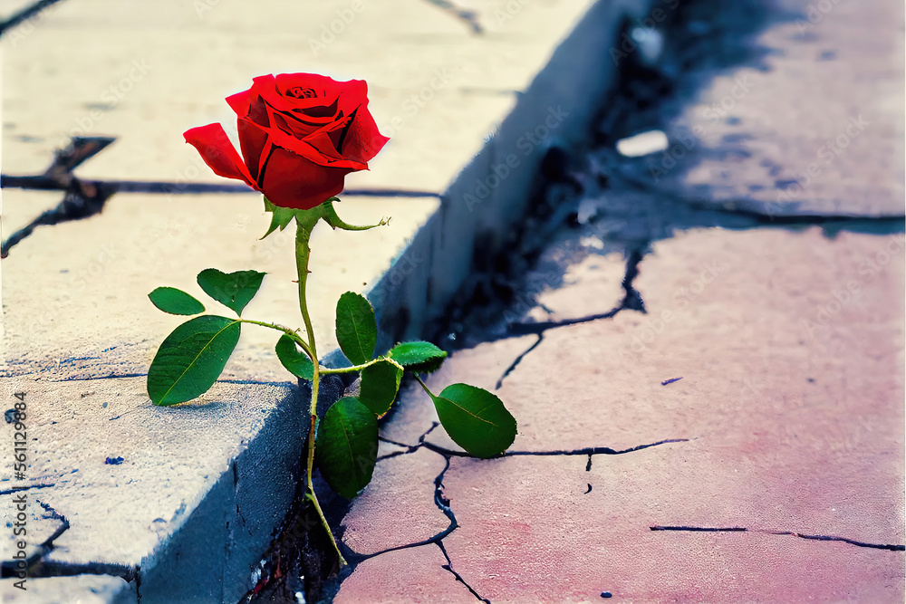 Red Rose Growing from a crack in the sidewalk. Photorealistic ...