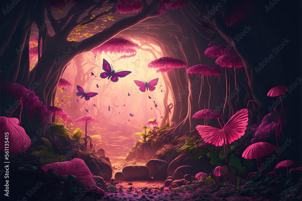 Beautiful fairytale enchanted forest in lilac twilight with giant trees ...