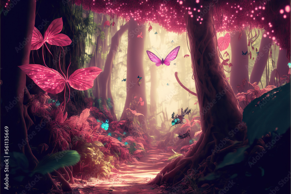 Beautiful fairytale enchanted forest in lilac twilight with giant trees ...