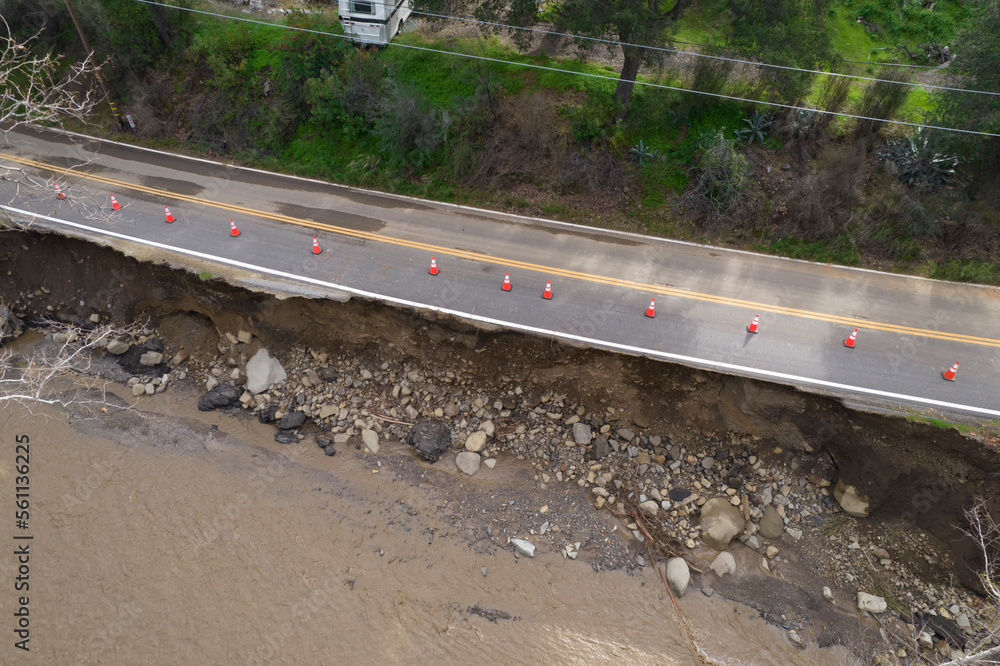 Broken Highway road damaged Destroyed Flooded River, Ojai, California ...