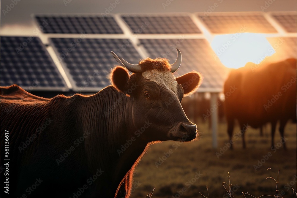 Solar panels in natural environment, farm animals. Photovoltaic farm ...