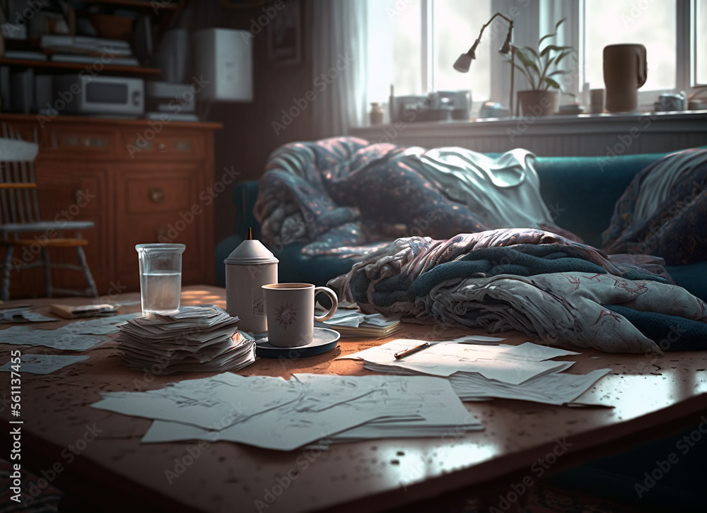 Messy living room with table, cloth, paper, mugs, glass of water, sofa ...