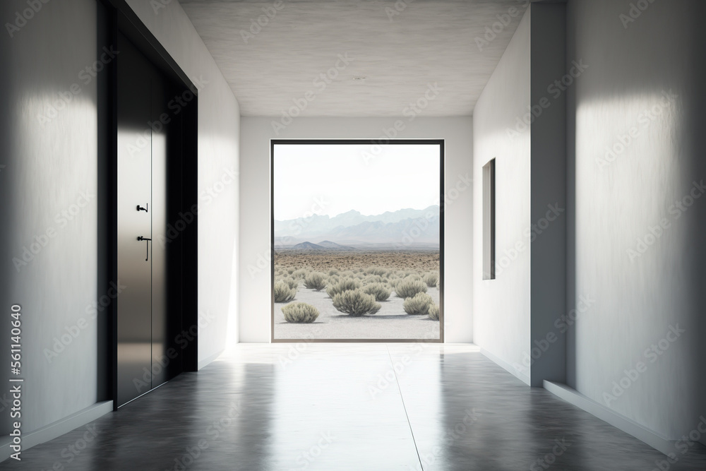 The room is a modern, contemporary empty hall with an open sliding door ...