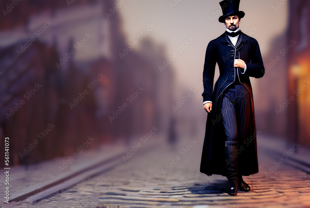 Victorian man walking down victorian city street. Illustration ...