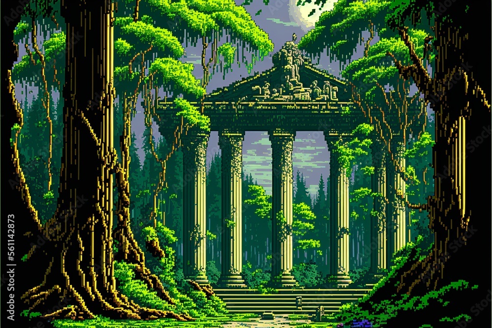 Jungle landscape with stone ruins, 16 bit pixel art style. AI digital ...