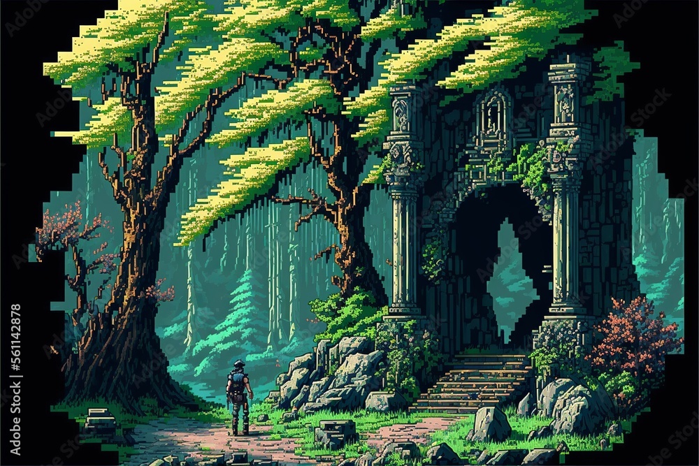 Jungle landscape with stone ruins, 16 bit pixel art style. AI digital ...