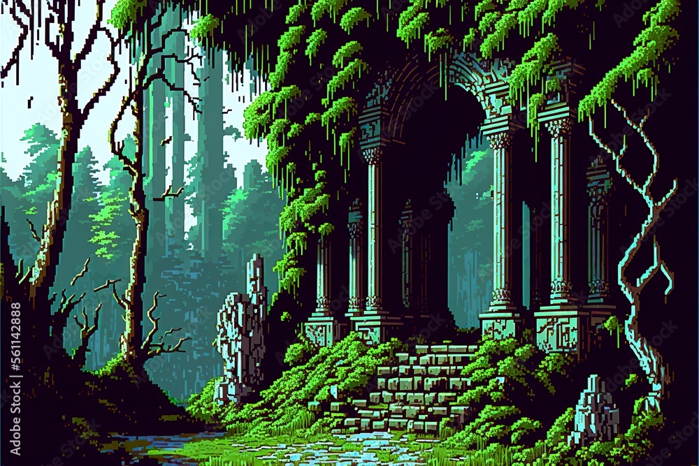 Jungle landscape with stone ruins, 16 bit pixel art style. AI digital ...