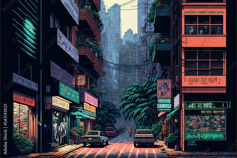 Hong Kong streets landscape, pixel art style, 16 bit. AI digital ...