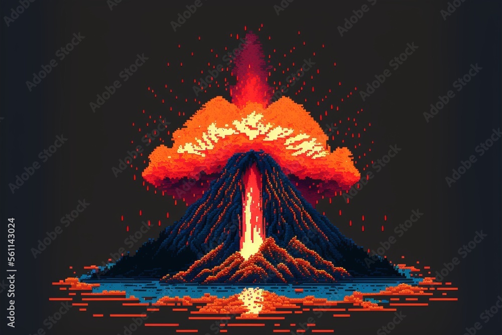 Erupting volcano landscape, pixel art style. AI digital illustration ...
