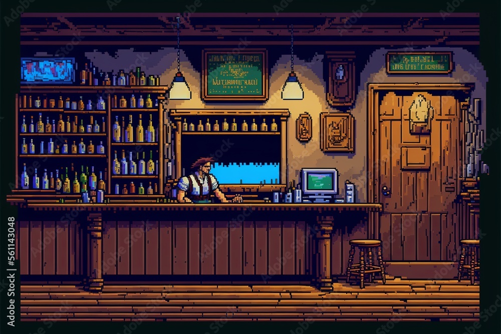 Man in a bar, wooden decor, 16 bit pixel art style. AI digital ...