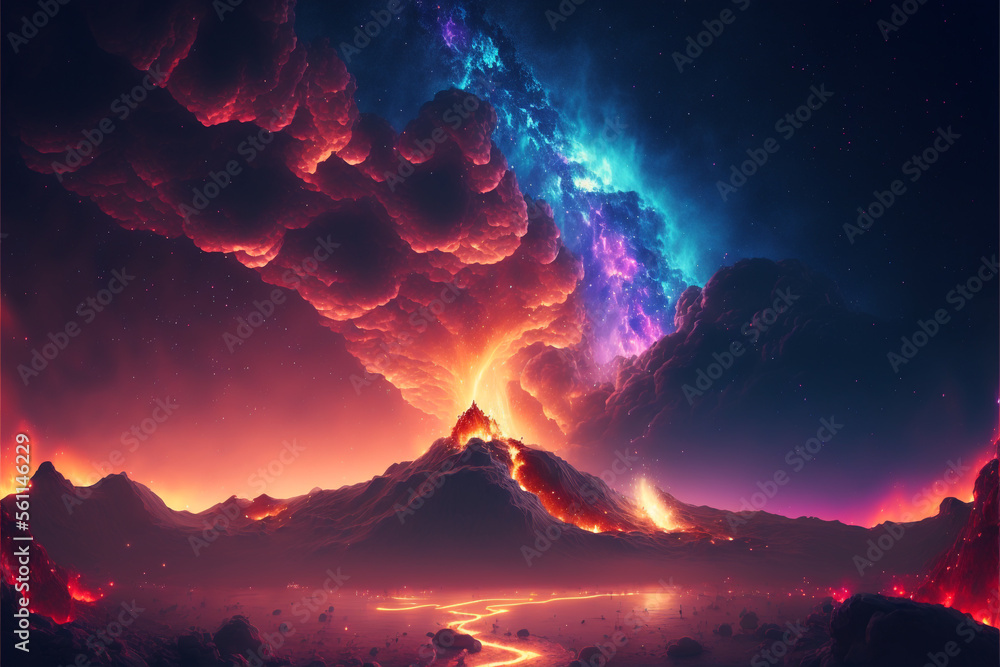 Alien sunset, eruption of volcano in a Cosmic world. Digital ...