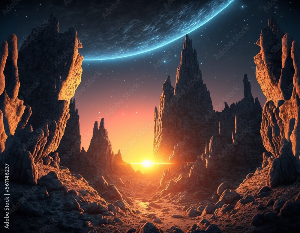 Futuristic twilight on alien interstellar world in a Cosmos Nebula. 8k ...