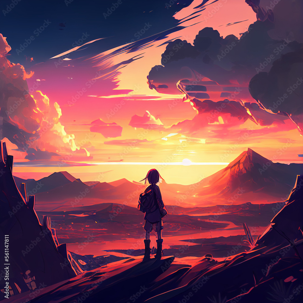Anime Girl Art With Beautiful Sunset Background Mountains Stock ...
