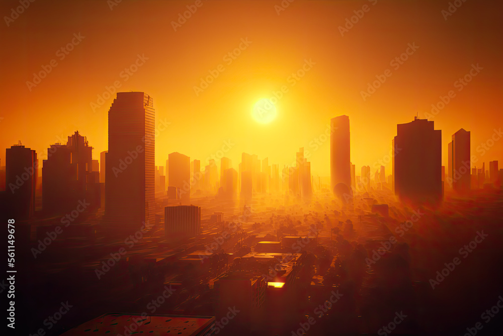 Heatwave over a city, bright sun, global warming, urban heat island ...