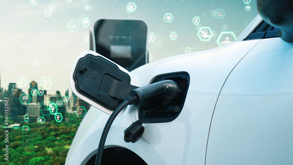 Progressive green city ESG symbol background with electric vehicle, EV ...
