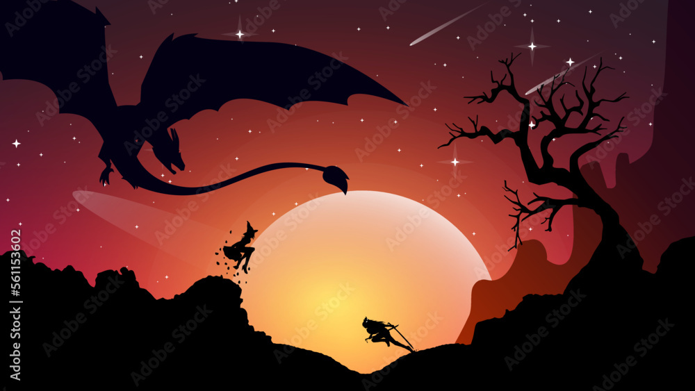 japanese samurai vs witch and dragon. witch against samurai. floating ...