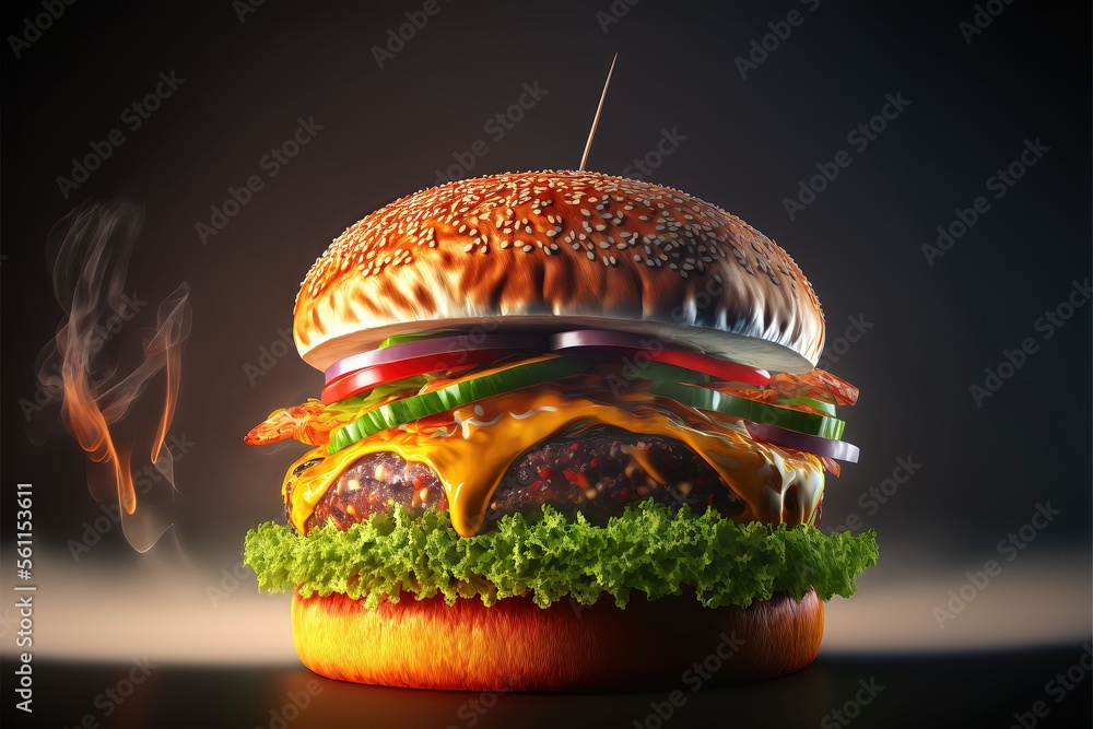 Close-up of a juicy burger with fries, delicious, highly detailed ...